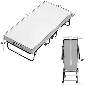 Unikito Folding Bed with Mattress for Adults, Portable Rollaway Guest Bed, Cot Size Foldable Bed with 5 Inch Memory Foam Mattress and Metal Frame, Roll Away Bed Storage Cover Included, 75 x 31 Inch