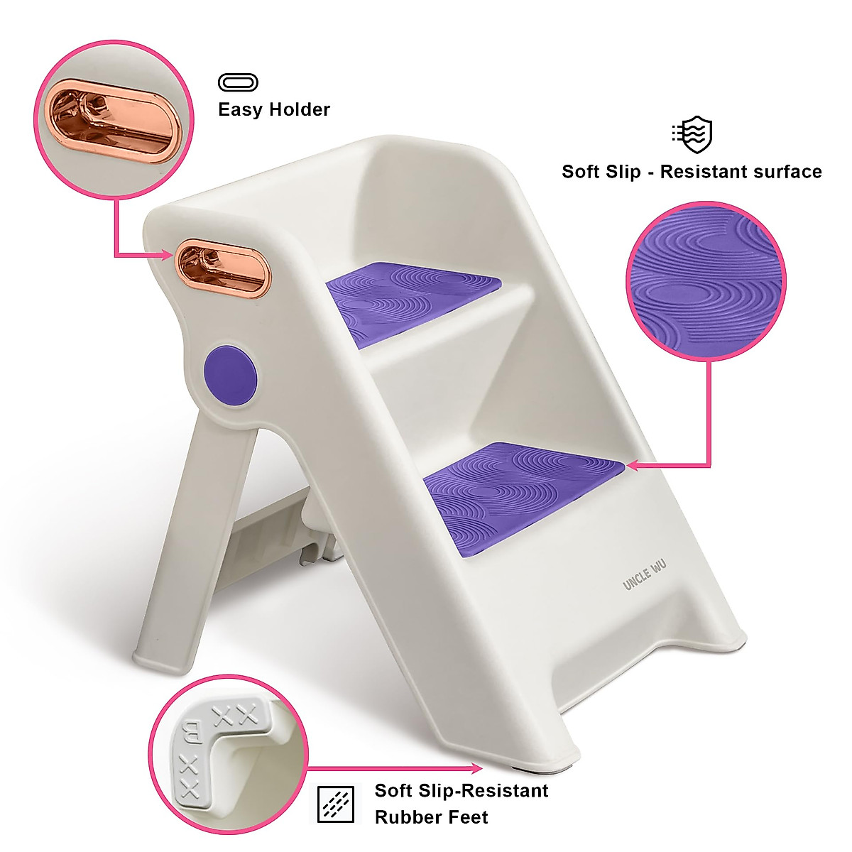 UNCLE WU Foldable 2-Step Stool for Kids - 11.2" Height, Anti-Slip, Safety Handles,Durable - Perfect for Potty Training, Bathroom Sink,Kitchen Stand Stool & Bedroom Step Stool