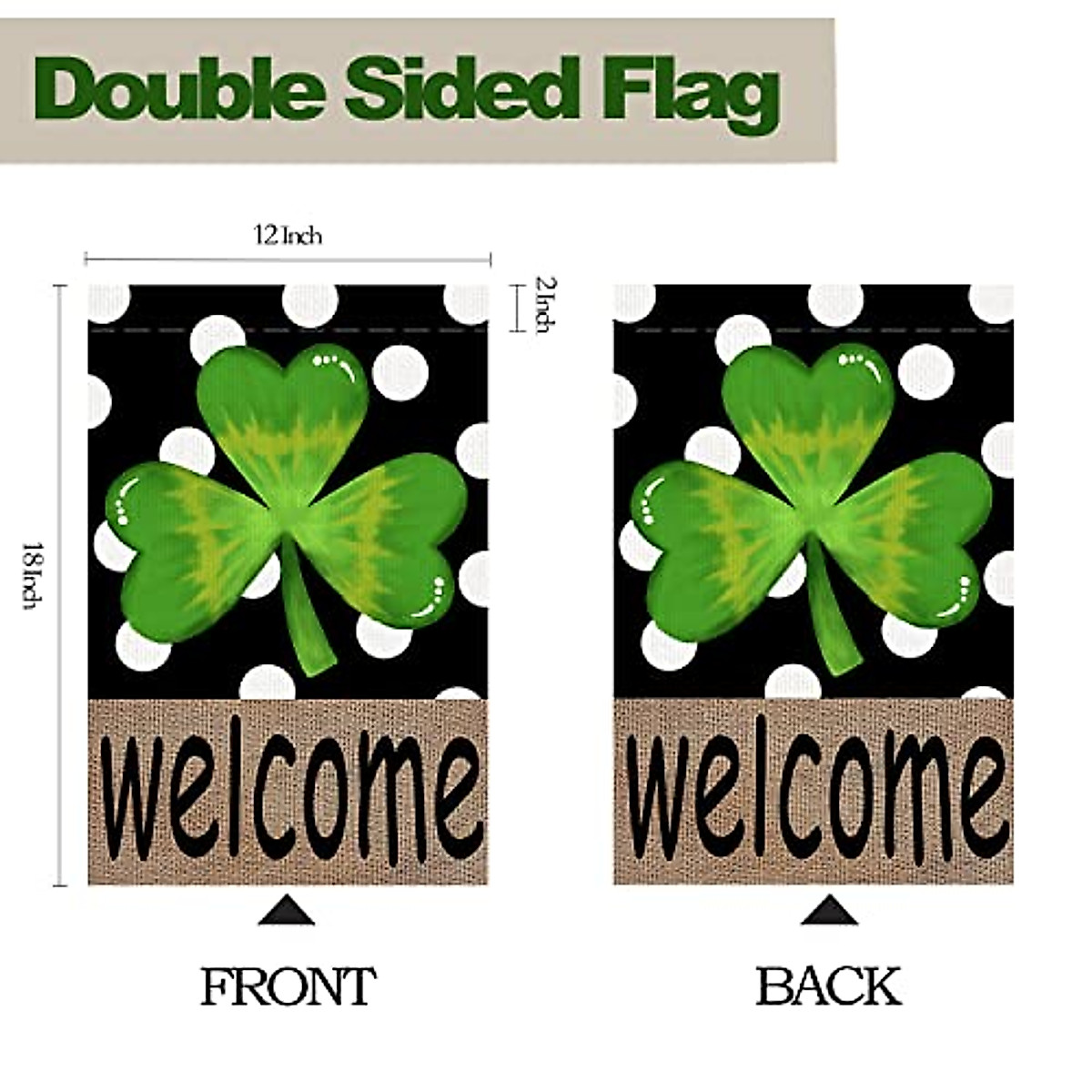St Patricks Day Welcome Garden Flag Spring Clover 12 x 18 Inch Vertical Double Sided Burlap Polka Dot Shamrock Farmhouse Yard Outdoor Decoration