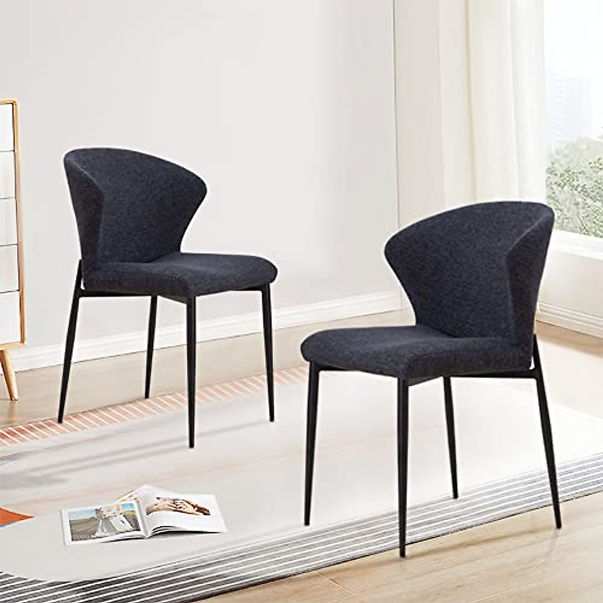 kevinplus Dining Chair Set of 2, Modern Kitchen Side Chair Accent Chair with Metal Legs, Fabric Upholstered Dining Room Living Room Dinner Kitchen Chair, Curved Backrest, Dark Grey