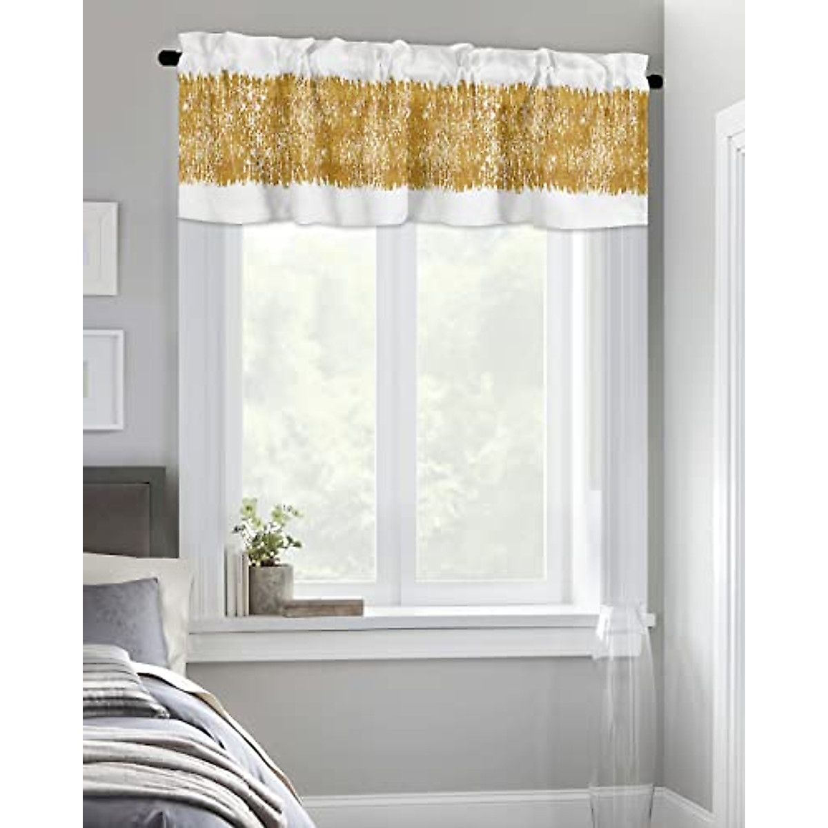 WARM TOUR Curtain Valance for Windows Gold Block Line White Back Kitchen Valances Rod Pocket Short Curtains,Modern Abstract Art Window Treatment Panel for Living Room Bathroom Bedroom 42x12in