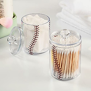 Gredecor 4 Pack Apothecary Jars Baseball Softball Red Lace Qtip Holder Organizer Clear Airtight Canister for Cotton Swabs Storage Acrylic Plastic Jar with Lids