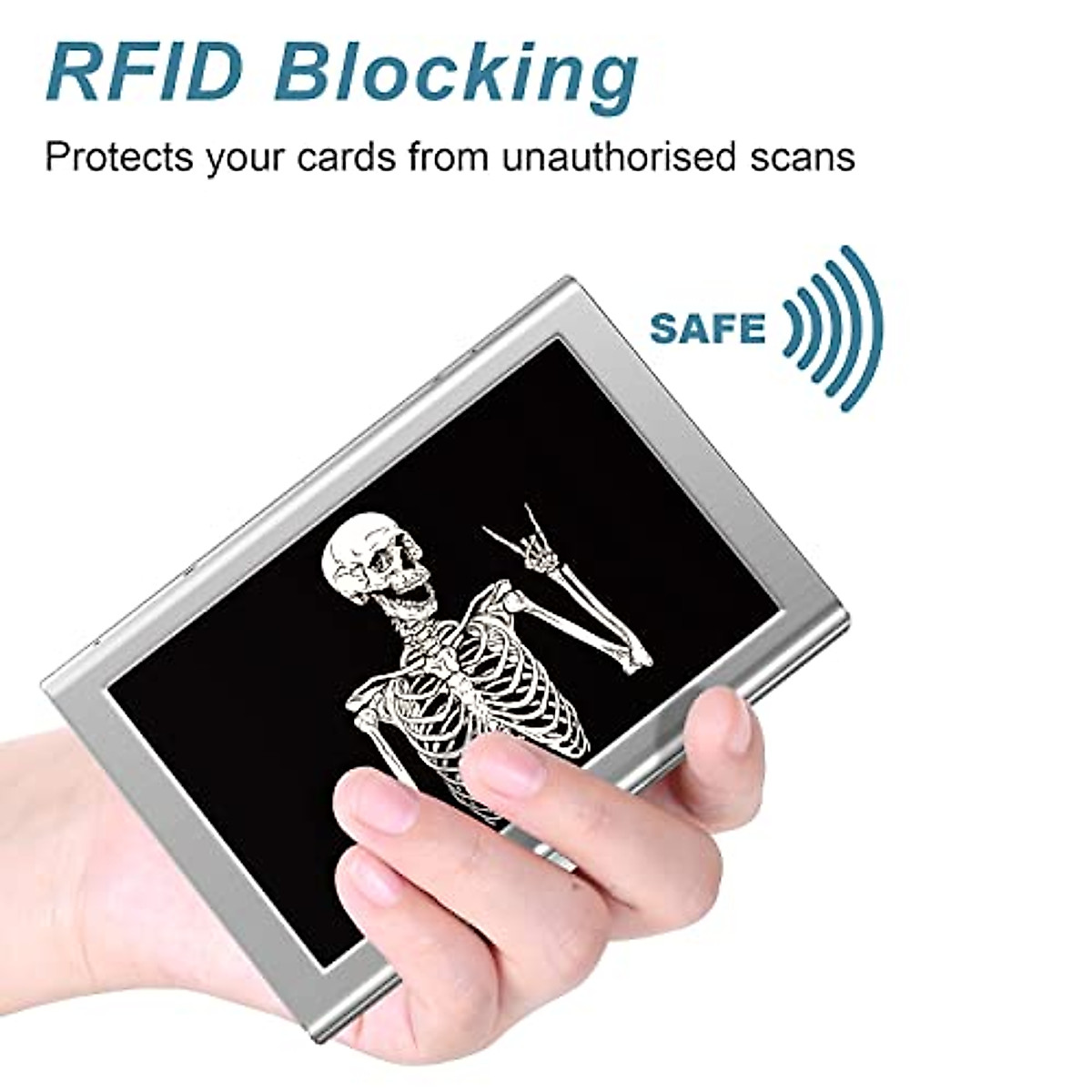 Rouidr Credit Card Holder, Small Slim RFID Credit Card Wallet, Metal Business Case ID Case for Women Men, Skull