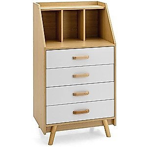 Giantex 4-Drawer Dresser Storage Cabinet - Freestanding Chest of Drawers with Countertop, 3 Open Shelves, 2 Anti-Tipping Kits, Floor Storage Organizer Unit for Living Room, Bedroom, Entryway (Natural)