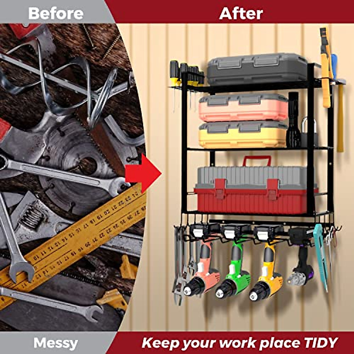 WIMART 4 Layers Power Tool Organizer, Wall Mount Heavy Duty Power Tool Organizers and Storage Cordless Drill Holder Storage for Handhold Power Tools At Home, Warehouse (Black - 1 Pcs/Set)