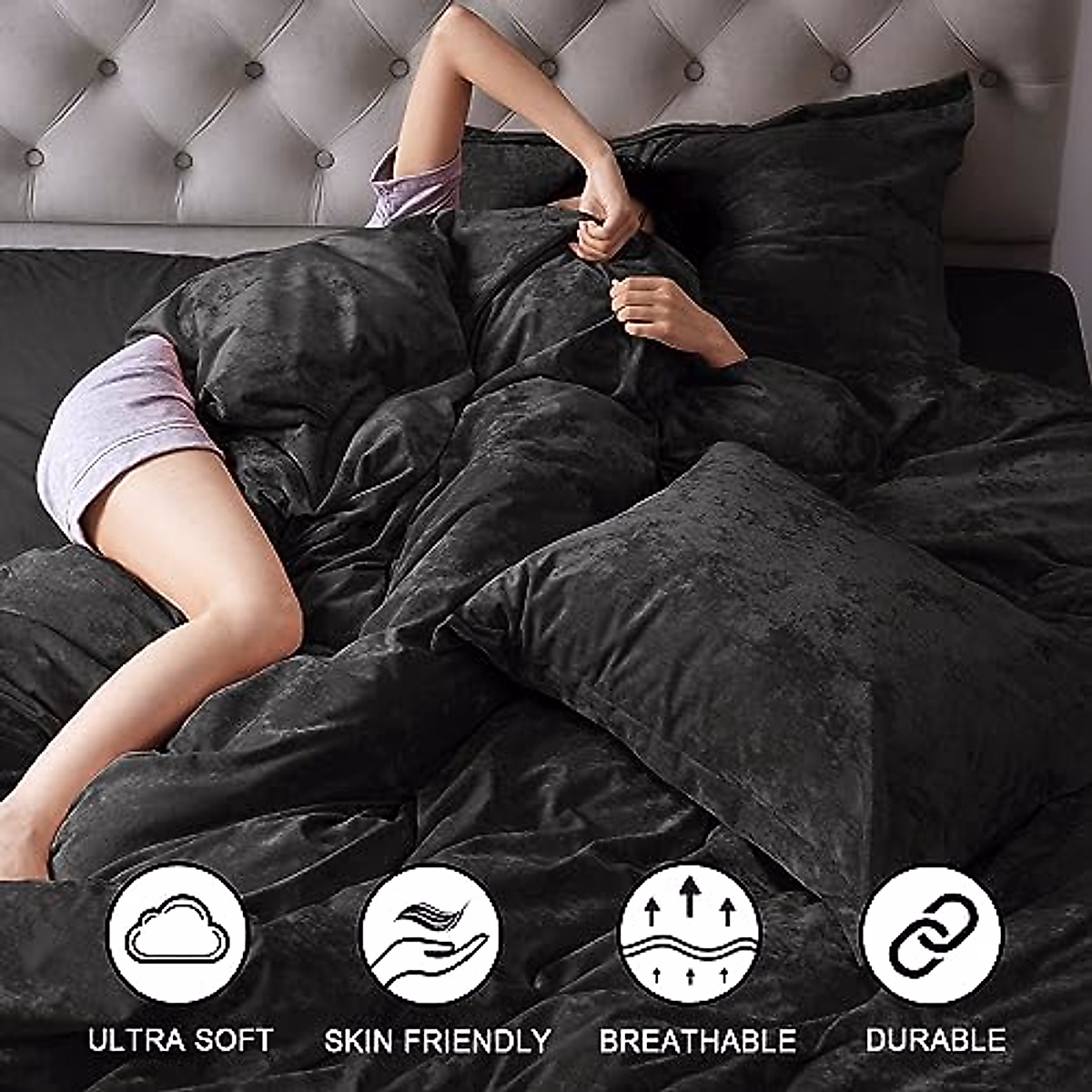 PHF Truly Velvet Duvet Cover Set Queen Size, 3pcs Ultra Soft Breathable Comforter Cover Set, Luxury Cozy Flannel Duvet Cover with Pillow Shams Bedding Collection, 90" x 90", Black