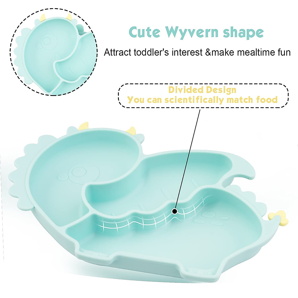 Linowos Silicone Suction Plate for Toddlers - Self Feeding Training Divided Plate Dish and Bowl for Baby and Toddler, Fits for Most Highchairs Trays (Cyan)