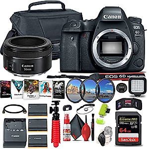 Canon EOS 6D Mark II DSLR Camera (Body Only) (1897C002) + Canon EF 50mm Lens + 64GB Memory Card + Case + Filter Kit + Corel Photo Software + 2 x LPE6 Battery + LED Light + More (Renewed)
