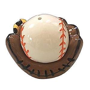 Baseball Glove & Base Ball with Stitching {Real Look} Salt and Pepper Shakers, Catchers Mit 3-1/4" Premium Quality Glazed Ceramic