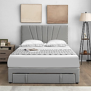 Giantex Upholstered Queen Bed Frame with Drawer, Modern Platform Bed with Storage & Adjustable Headboard, Wooden Slat Support Mattress Foundation, No Box Spring Needed, Noise Free