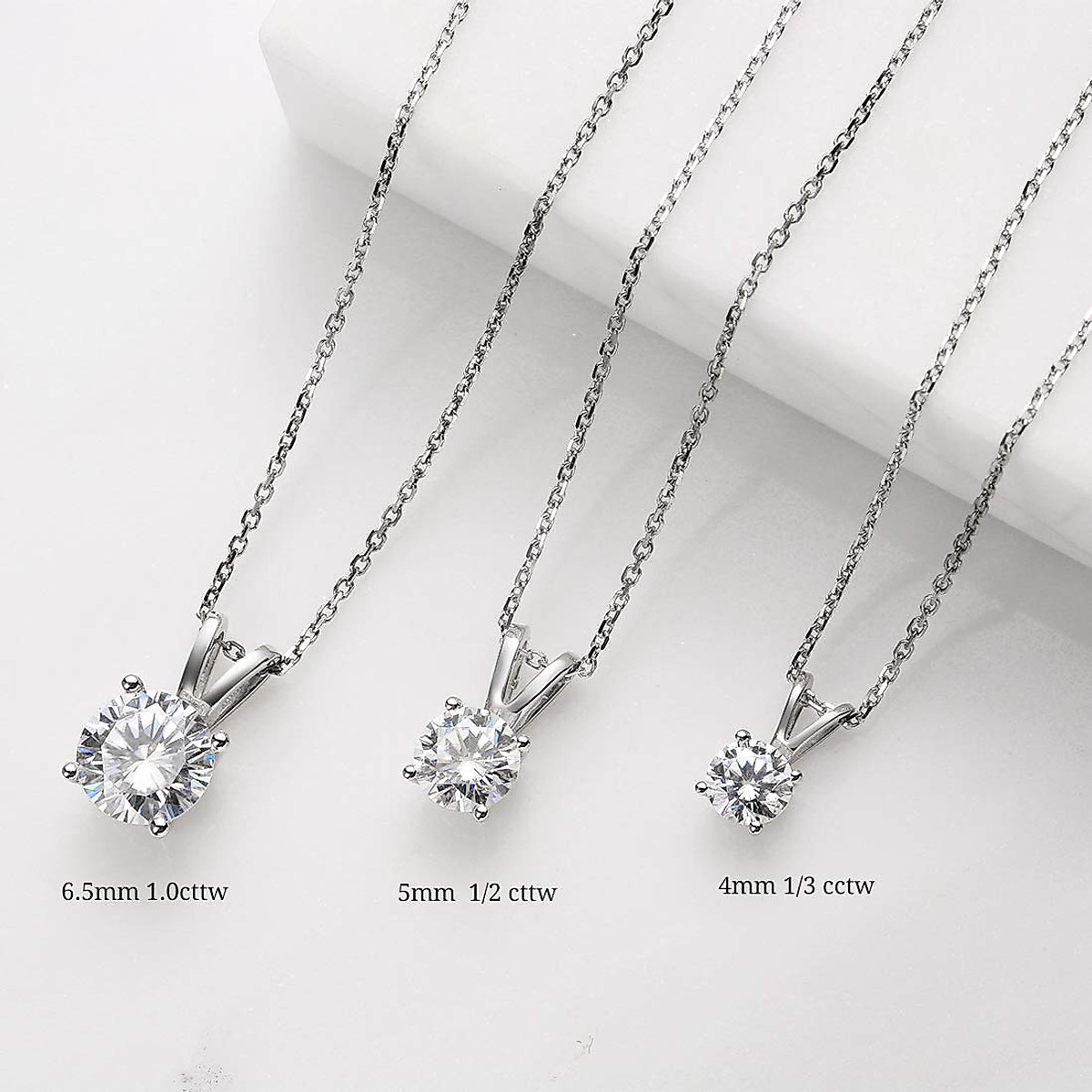 FANCIME 14k Solid White Gold Round 4 Prong 1 Carat Moissanite Simulated Diamond 6.5mm D-E Color VVS Clarity Pendant Necklace For Women, 16" + 2" Extender