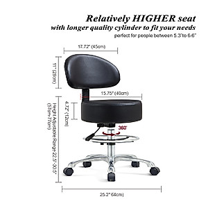 Height Adjustable Rolling Shop Stool with Back Support - Kitchen Stool with Wheels Heavy Duty Stool with Back for Salon,Spa,Massage,Tattoo,Esthetician – Rolling Stool Extra Thick for Extreme Comfort