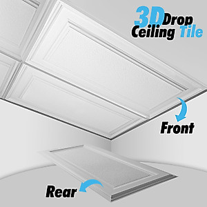 Art3d Drop Ceiling Tiles 24x48 inch White (12-Pack, 96 Sq.ft), 3D Wainscoting Panels Glue Up 2x4 FT