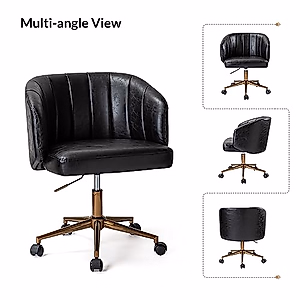 HULALA HOME Modern Faux Leather Office Chair with Gold Metal Base, Home Desk Chair with Channel Barrel Back, Height-Adjustable Swivel Computer Task Chair for Study Bedroom Living Room, Black