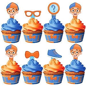 Treasures Gifted Officially Licensed Blippi Cupcake Toppers & Wrappers 24ct - Blippi Cupcake Topper - Blippi Cake Decorations - Blippi Birthday Party Supplies - Blippi Cake Toppers