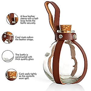 Skeleteen Dark Magic Potion Bottle - Brown Wizard Potions Glass Holder with Cork Stopper and Faux Leather Harness with Holster Loop