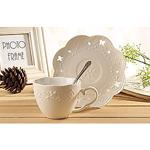 Jusalpha® White Porcelain 5OZ- Tea Cup and Saucer Coffee Cup Set with Saucer and Spoon, Set of 6 (6 Tea Cup Set With Bracket)