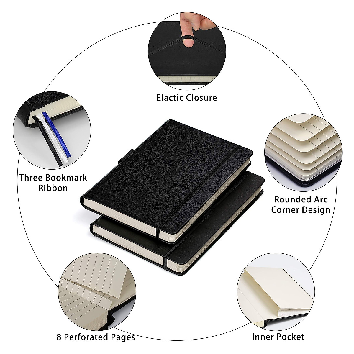 Thick Hardcover Notebook/Journal with A5 120gsm Premium Paper, College Ruled Bound with Pen Holder, Black Leather, 3 Ribbon Marker, Inner Pocket, 8.4 x 5.7 in