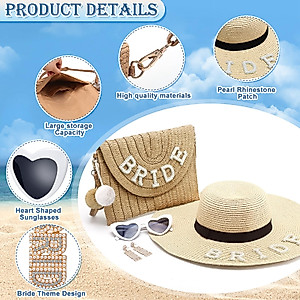 Bunnycool 4 Pcs Bridal Shower Gifts Set Bride Sun Hat Straw Shoulder Bag Heart Sunglasses Rhinestone Bride Earrings Bachelorette Gifts for Bride Wife Wedding Honeymoon Summer Beach Present