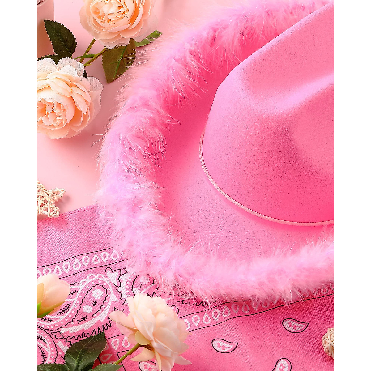 Tarpop 6 Pack Cowboy Hat Boa Cowgirl Hat Felt Cowboy Hat with Feather for Women Girl Western Party Costume Accessories(Pink)