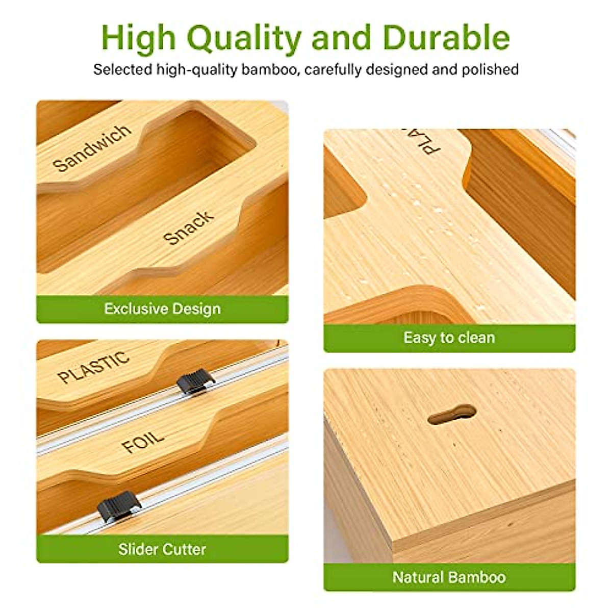 KOCWELL Bag Organizer and Plastic Wrap Dispenser with Cutter, 6 In 1 Bamboo Foil and Plastic Wrap Organizer for Kitchen Drawer, Food Storage Bag Organizer for Gallon,Quart,Sandwich,Snack(Beige)