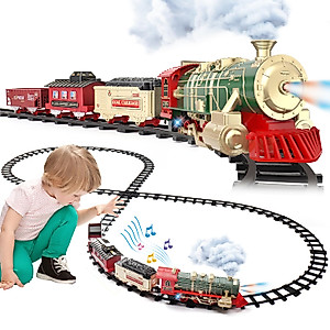 JUQU Train Set - Electric Train Toys w/Smoke, Light and Sounds, Toddler Train Sets for Boys 2-4 4-7 w/Steam Locomotive Engine,Carriages and Tracks, Christmas Train Gift for 3 4 5 6 7 8+ Year Old Kids
