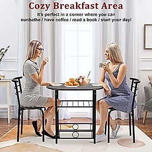 3 Piece Kitchen Table Set, Woodern Dining Room Table and Chairs, Compact Table Set for 2 Person, Bar Table Set w/Built-in Wine Rack for Breakfast Nook, Small Space, Restaurant, Bistro, Brown