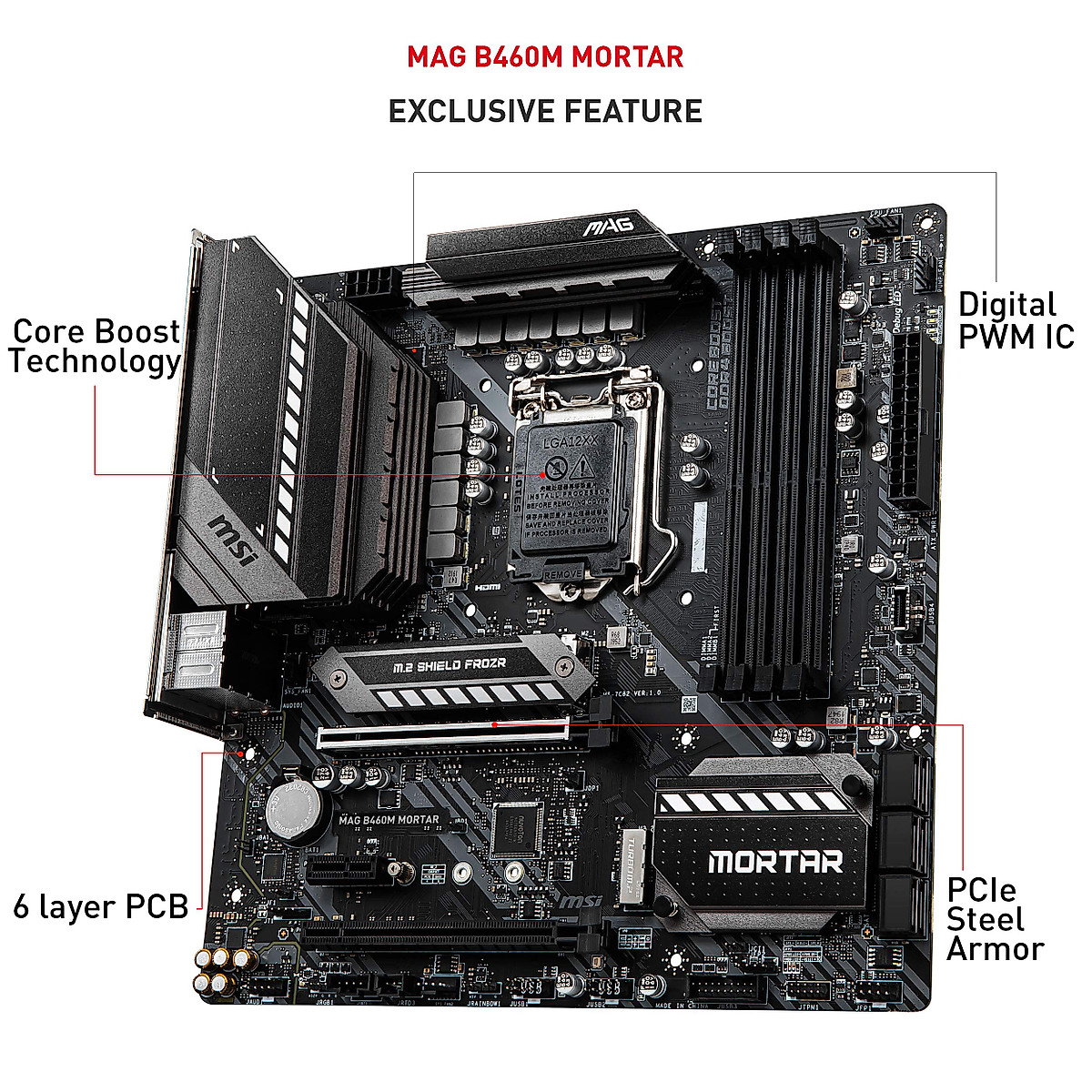 MSI MAG B460M Mortar Gaming Motherboard (mATX, 10th Gen Intel Core, LGA 1200 Socket, DDR4, CFX, Dual M.2 Slots, USB 3.2 Gen 1, 2.5G LAN, DP/HDMI)