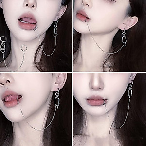 Jemant Lip Ring Chain To Ear For Women Men Silver Stainless Steel Nose Lip Ring Clip On Non Piercing Connected Chain Earring For Him Her (Silver)