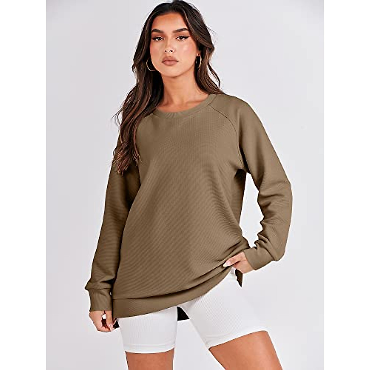 ANRABESS Women's Fall Casual Soft Long Sleeves Sweatshirts Pullover Tunic Tops Split Blouse with Side Zipper Teen Girls Trendy 2023 A1073-kaqi-L Khaki