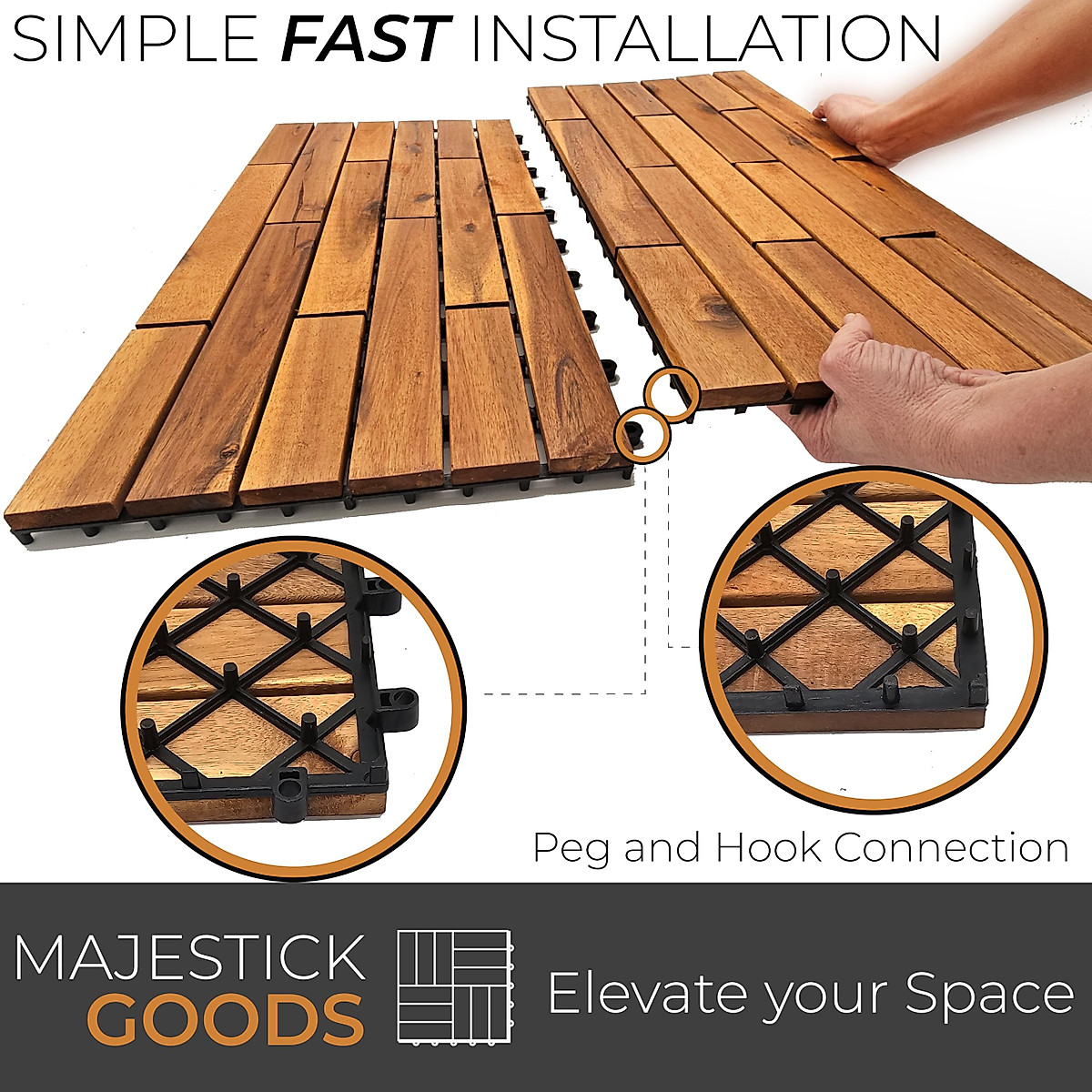 Interlocking Deck Tiles 24 x 12 Long Boards Snap Together Wood Flooring - Acacia Hardwood Outdoor Flooring for Patio - Floor Decking Tile, Waterproof Balcony Flooring 12 Sq Ft (1 Pack (6 Pieces))