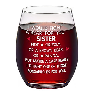 DAZLUTE Funny Sister Gift, I Would Fight A Bear for You Stemless Wine Glass, Sisters Gifts From Sisters, Birthday Christmas Galentines day Gifts for Sister Soul Sister Sister in Law Big Sister, 15Oz