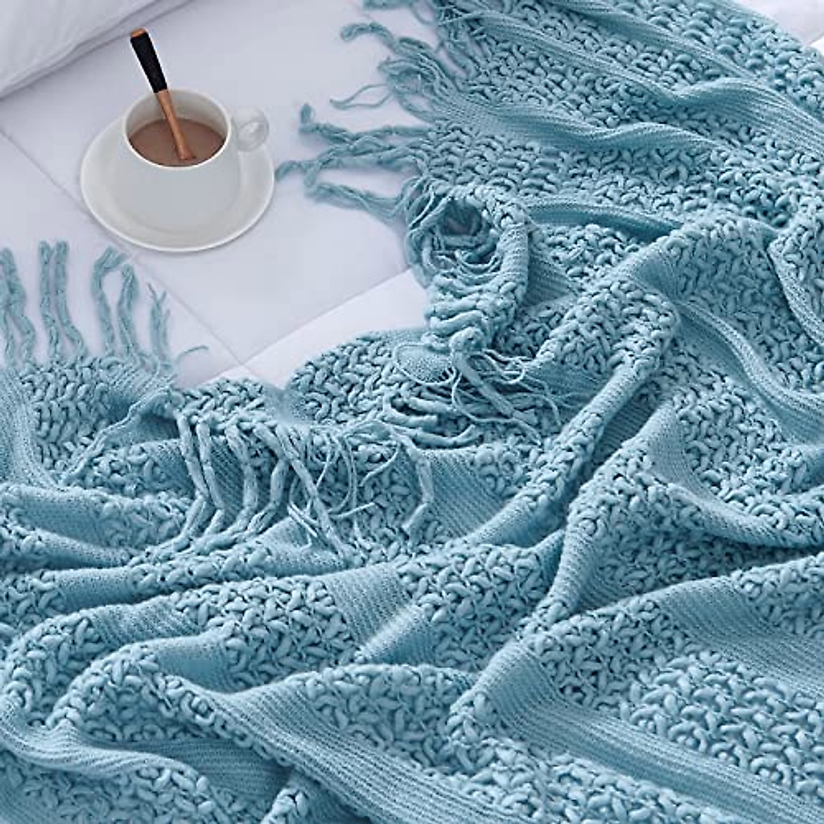 jinchan Cable Knit Throw Blanket Teal Soft Blanket with Tassels Indoor Outdoor Travel Warm Coverlet for Sofa Comforter Couch Bed Throw Blanket Spring Living Room Decor Nursery Gift 50x60 inch