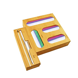 Wooden Ziplock Bag Organizer For drawer - Comes With Adjustable Foil or Plastic Wrap Dispenser With Cutter For Kitchen Drawer Organization and Storage - Zip Lock Bag Organizer Use in 1 or 2 Places