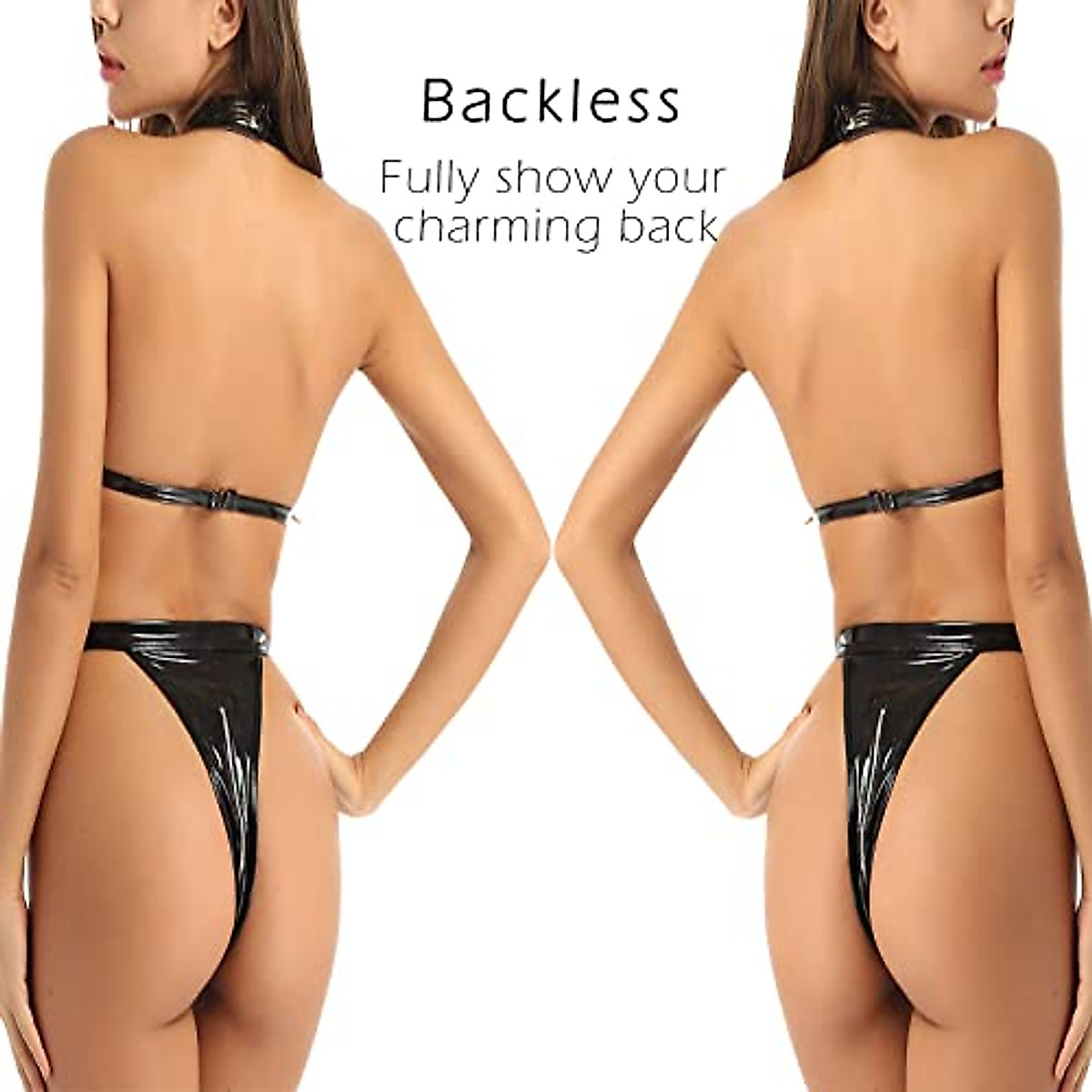 Sxglamr Women's Wet Look Lingerie Set, Backless Leather Bodysuit Metal Tassel Chain Sleepwear Clubwear