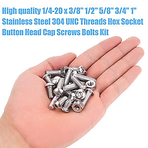 DYWISHKEY 60 Pieces 1/4-20 x 3/8" 1/2" 5/8" 3/4" 1" Stainless Steel 304 UNC Threads Hex Button Head Cap Screws Bolts and Nuts Assortment Kit with Hex Wrench