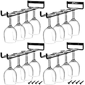 4Pcs Stemware Wine Glass Rack Wall Mountable, Metal Wine Glasses Holder Under Cabinet Organization, Hanging Wine Cup Display Stand for Cabinet Kitchen Bar (Black)