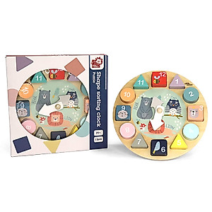 LEO & FRIENDS Shape Sorting Clock - 1 to 12 Removable Number Blocks Included, Learn How to Tell Time, Premium Wooden Educational Toy, Fun Puzzle Stacking and Sorting for Children Ages 3+