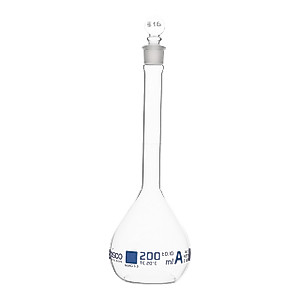 EISCO Volumetric Flask, 200ml - Class A, ASTM - Tolerance ±0.100 ml - Glass Stopper - Single, White Graduation, Blue Printed Specifications - Borosilicate Glass