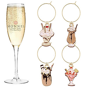 MONNEL P600 Assorted Little Sundae and Ice-cream Wine Charms Glass Markers Tags for Party Decorations with Velvet Bag- Set of 4
