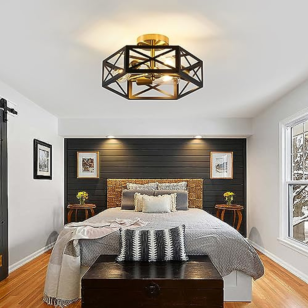 XSDeTu Modern Flush Mount Ceiling Light, 3-Light Black Gold Hallway Light Fixtures Ceiling Mount, Industrial Close to Ceiling Light with Metal Hexagon Cage Ceiling Lamp for Kitchen