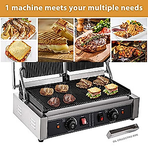 Panghuhu88 110V 3600W Commercial Sandwich Panini Press, Commercial Double Panini Presser Non-Stick Full Grooved Plates 122°F-572°F Temp Control for Hamburgers Steaks Bacons,22.8" x 14.4"