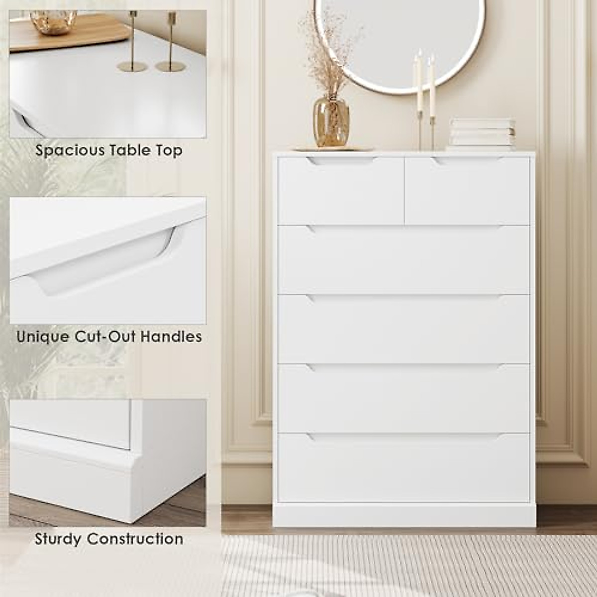 HOSTACK Modern 6 Drawer Dresser for Bedroom, Tall Chest of Drawers with Storage, Large Wood Storage Chest Organizer with Cut-Out Handle, Accent Storage Cabinet for Living Room, Entryway, Classic White
