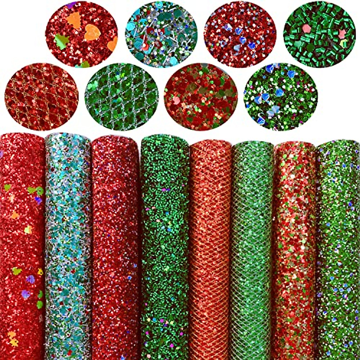 Greatdiy Sparkly Christmas Faux Leather Sheets 8x12 inch Shiny Mixed Red and Green Tinsel Chunky Glitter Fabric for Bows Crafts (Red-Green)