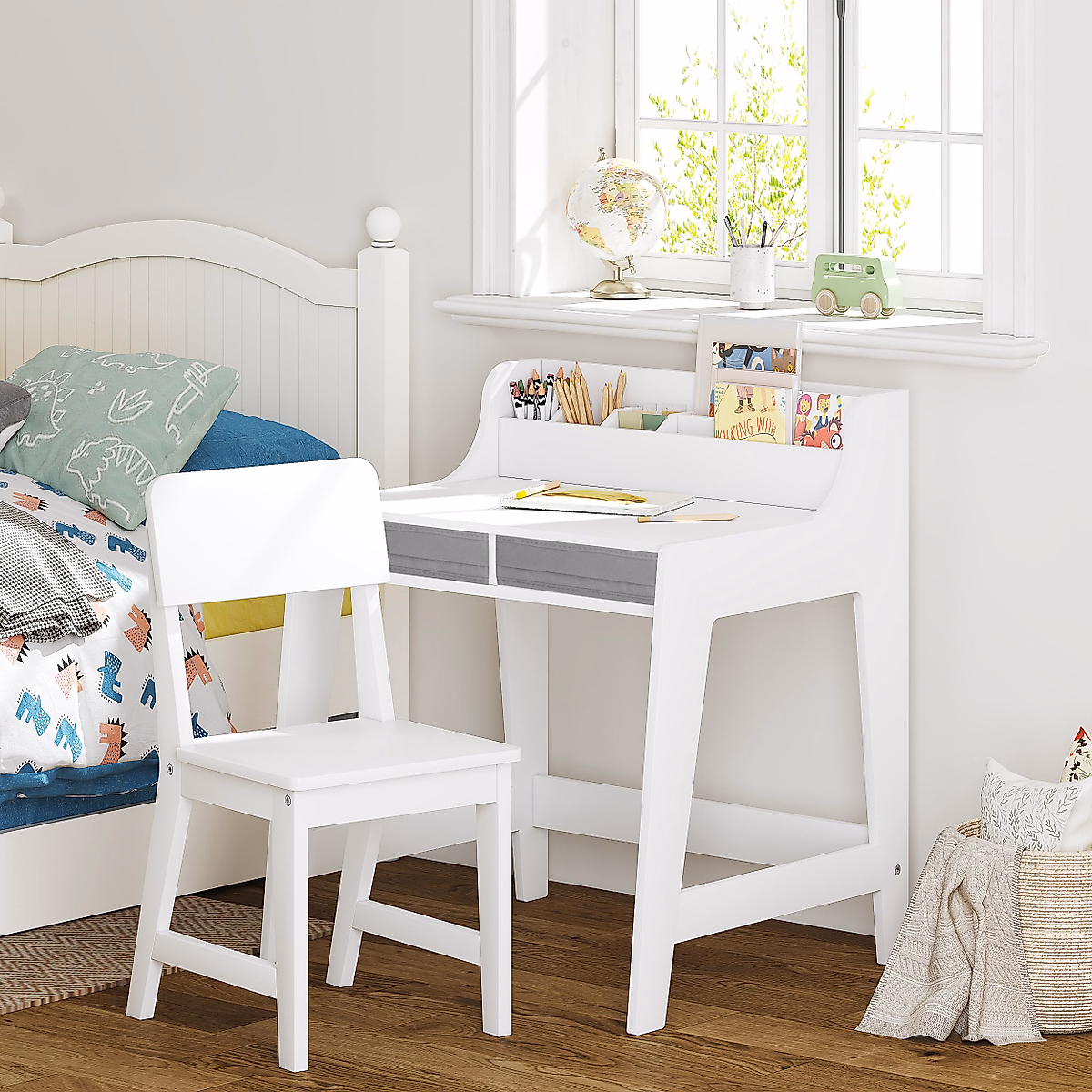 UTEX Kids Desk and Chair Set, Study Desk for Kids with Storage Bins, Wooden Children Study Table, Student Writing Desk for Bedroom & Study Room