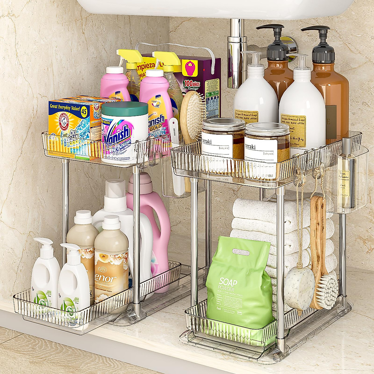 2 Tier Bathroom Cabinet Under Sink Organizers and Storage Clear, Multi-Purpose Kitchen Pantry Organization and Storage, Pull Out Medicine Cabinet Organizer Storage with Movable Dividers & Cups, 2 Set