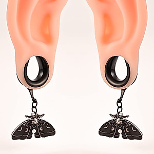 Atomhole 2 PCS Ear Gauges Black Butterfly Dangle Saddle Ear Tunnels Hypoallergenic 316 Stainless Steel Ear Hangers Plugs Piercing Body Jewelry (10mm(00G), Black)