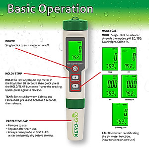 AERO-GRO Digital 5-in-1 Meter: 5 Functions: pH, TDS, EC, Salinity%, Salinity ppm, and Temp, IP67 Waterproof, Pen-Type Tester for Hydroponics, Water, Wine, Spas, Aquariums