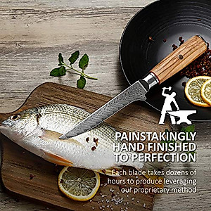 Master Maison 6" Damascus Steel Fillet Knife With Full-Tang Handle, Sheath, Sharpening Stone, Storage Box & Drying Cloth | AUS-10 Japanese Stainless Steel Ultra Sharp Filleting & Boning Knife For Fish