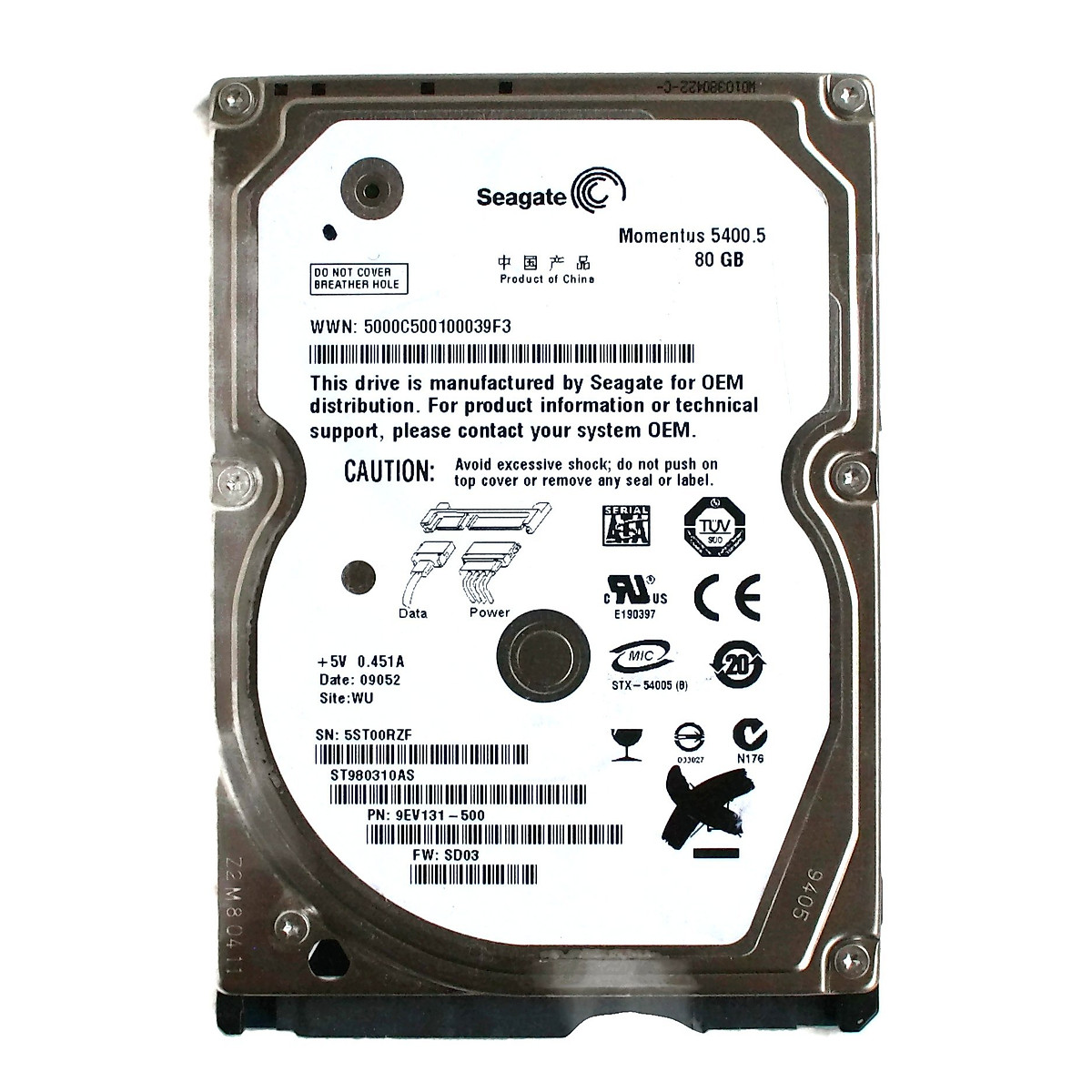 80GB Seagate Momentus 5400.5 SATA 2.5" Notebook Hard Drive ST980310AS